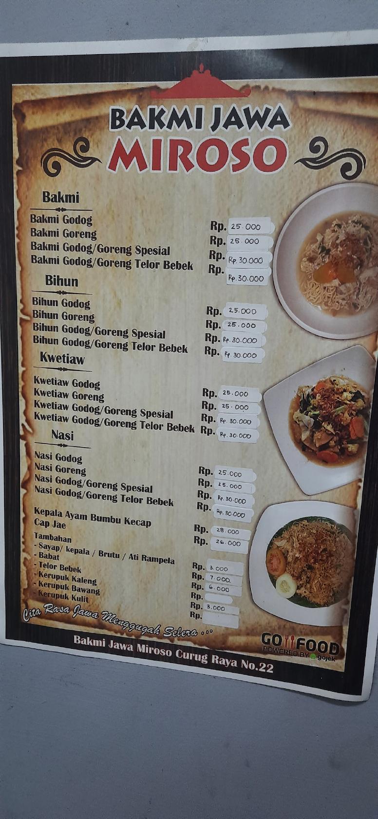 Menu at Bakmi Jawa Miroso restaurant, East Jakarta