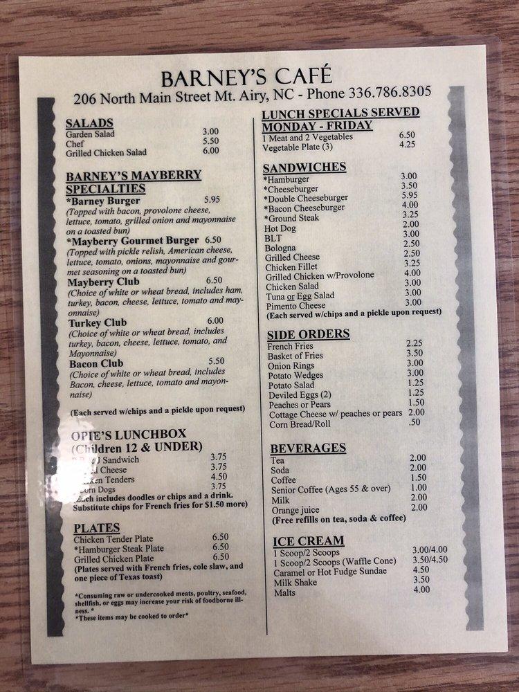 Menu at Barney's Cafe, Mount Airy