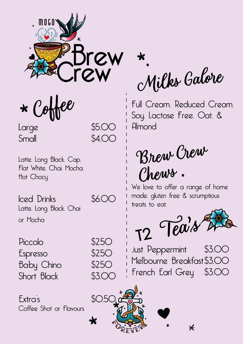 Menu at Mogo Brew Crew cafe, Mogo