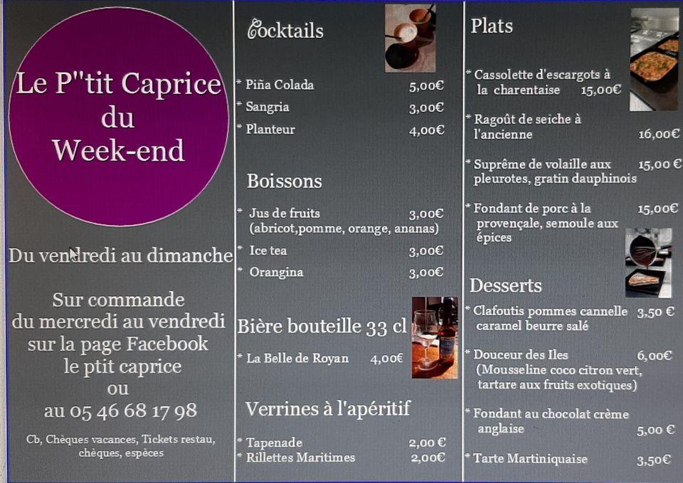 Menu au Le P'tit Caprice restaurant, Vouhé