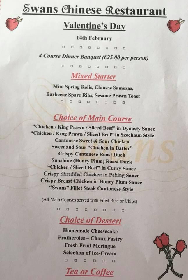 Menu at Swan's restaurant, Callan