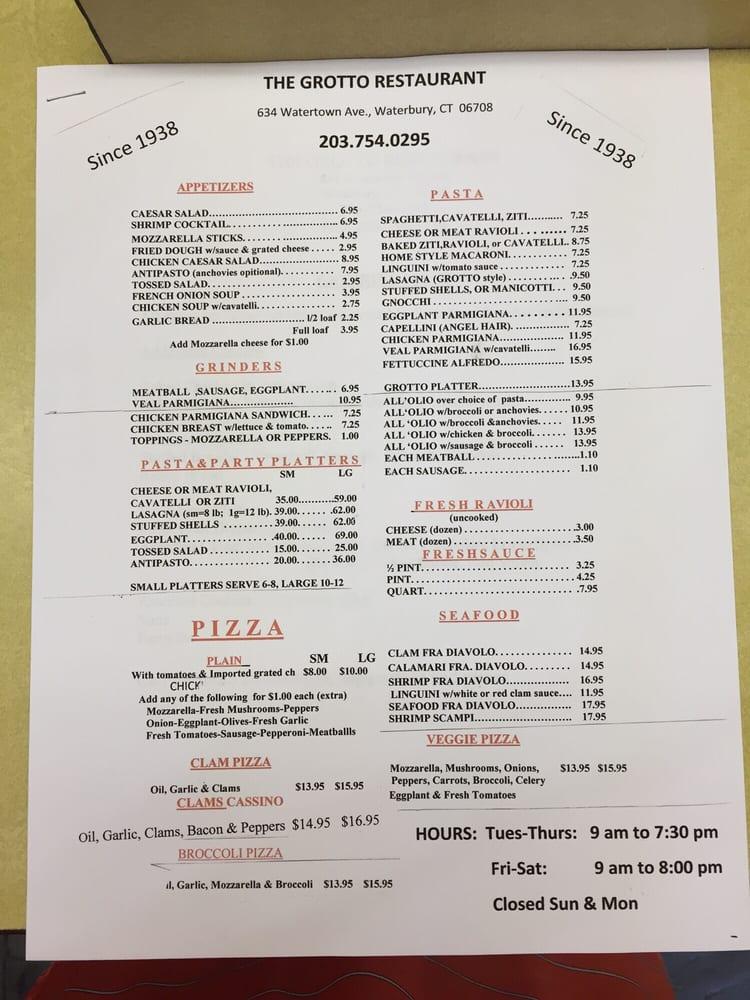 Menu at The Grotto Restaurant, Waterbury
