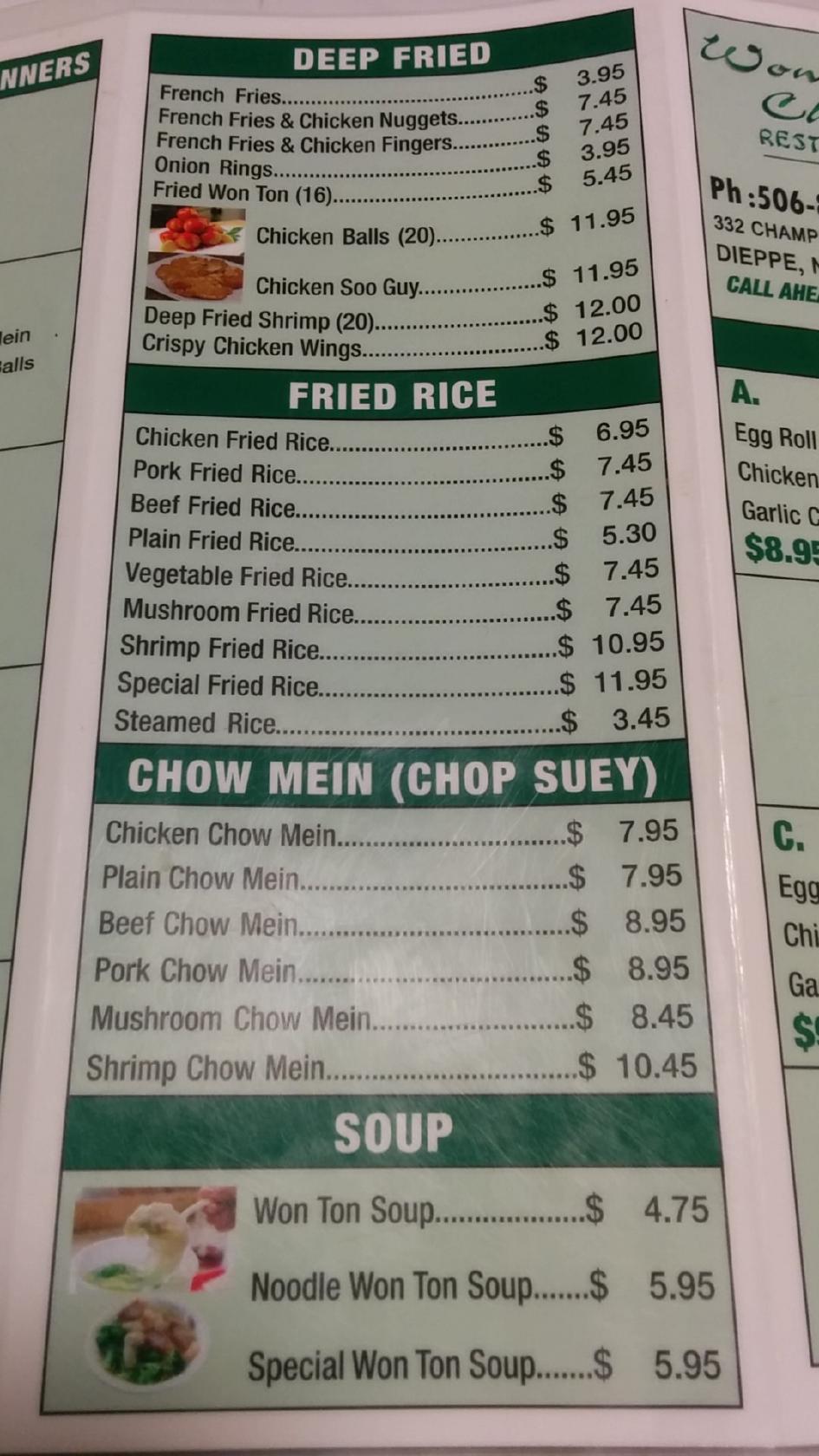 Menu at Won Wong restaurant, Dieppe