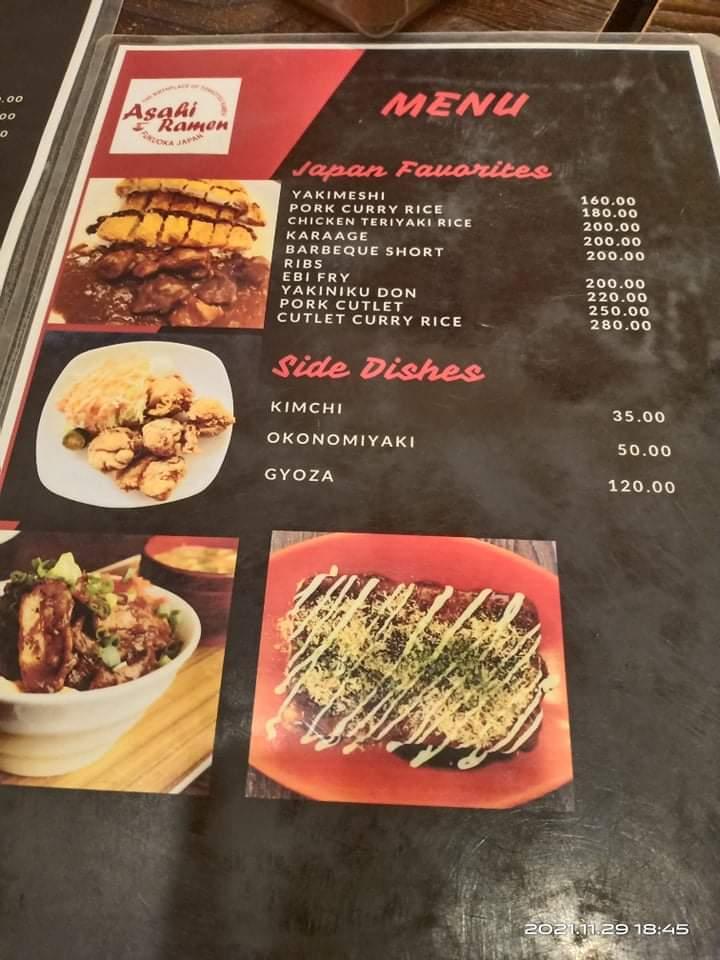 Menu at Asahi Ramen Japanese Restaurant, Tagum City