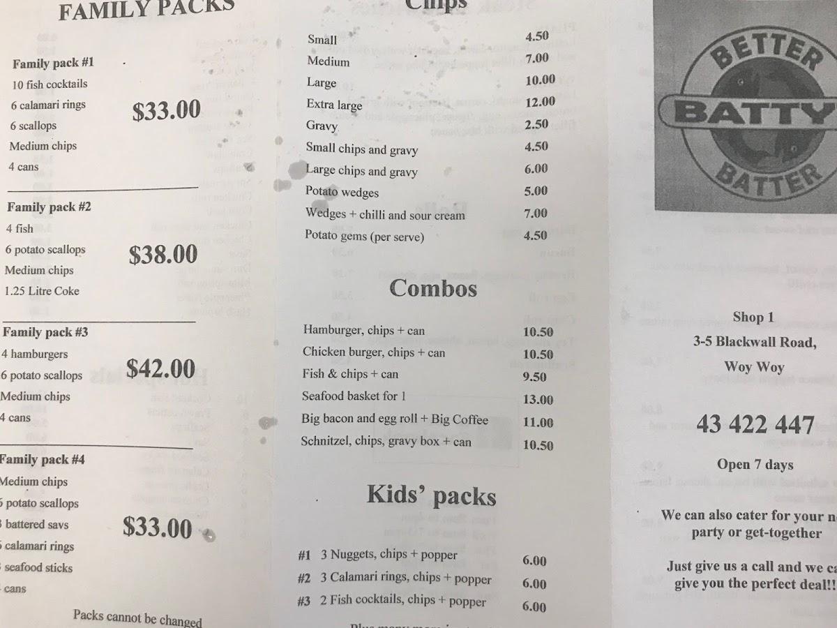 Menu at Batty's Better Batter fast food, Woy Woy