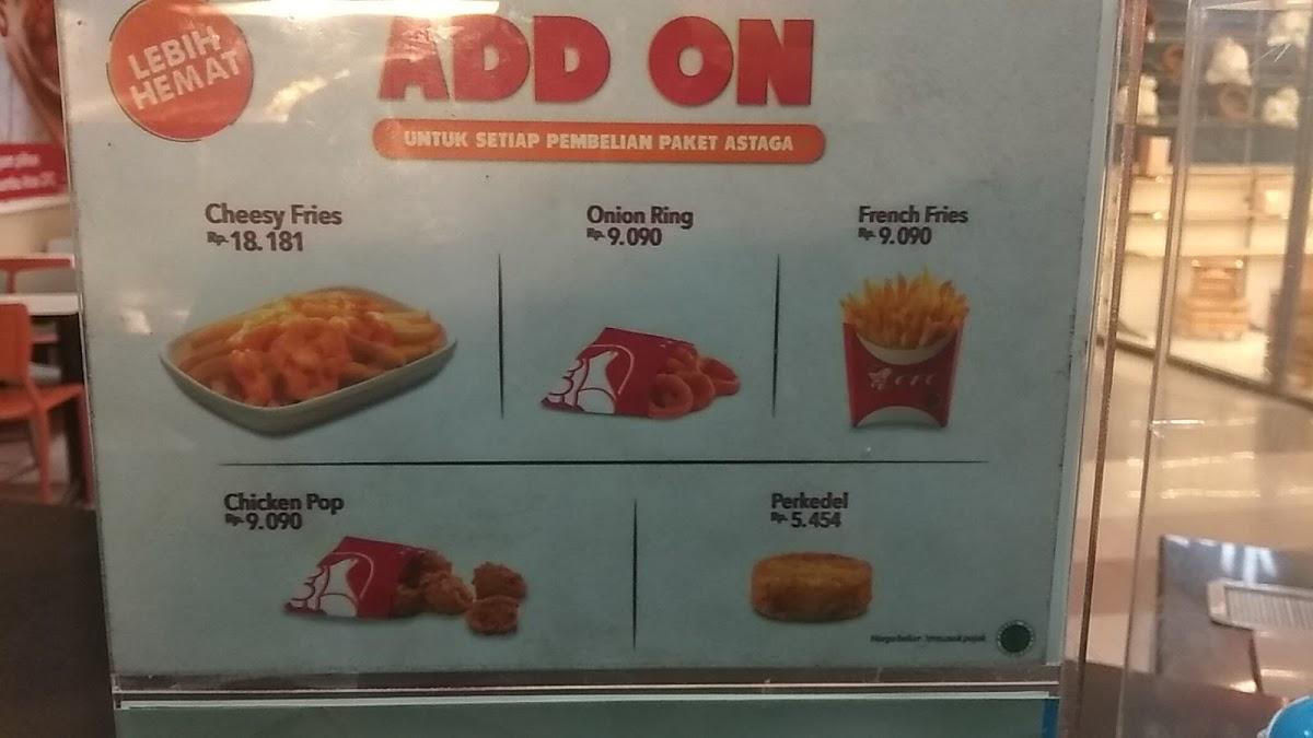 Menu at CFC restaurant, Tegal