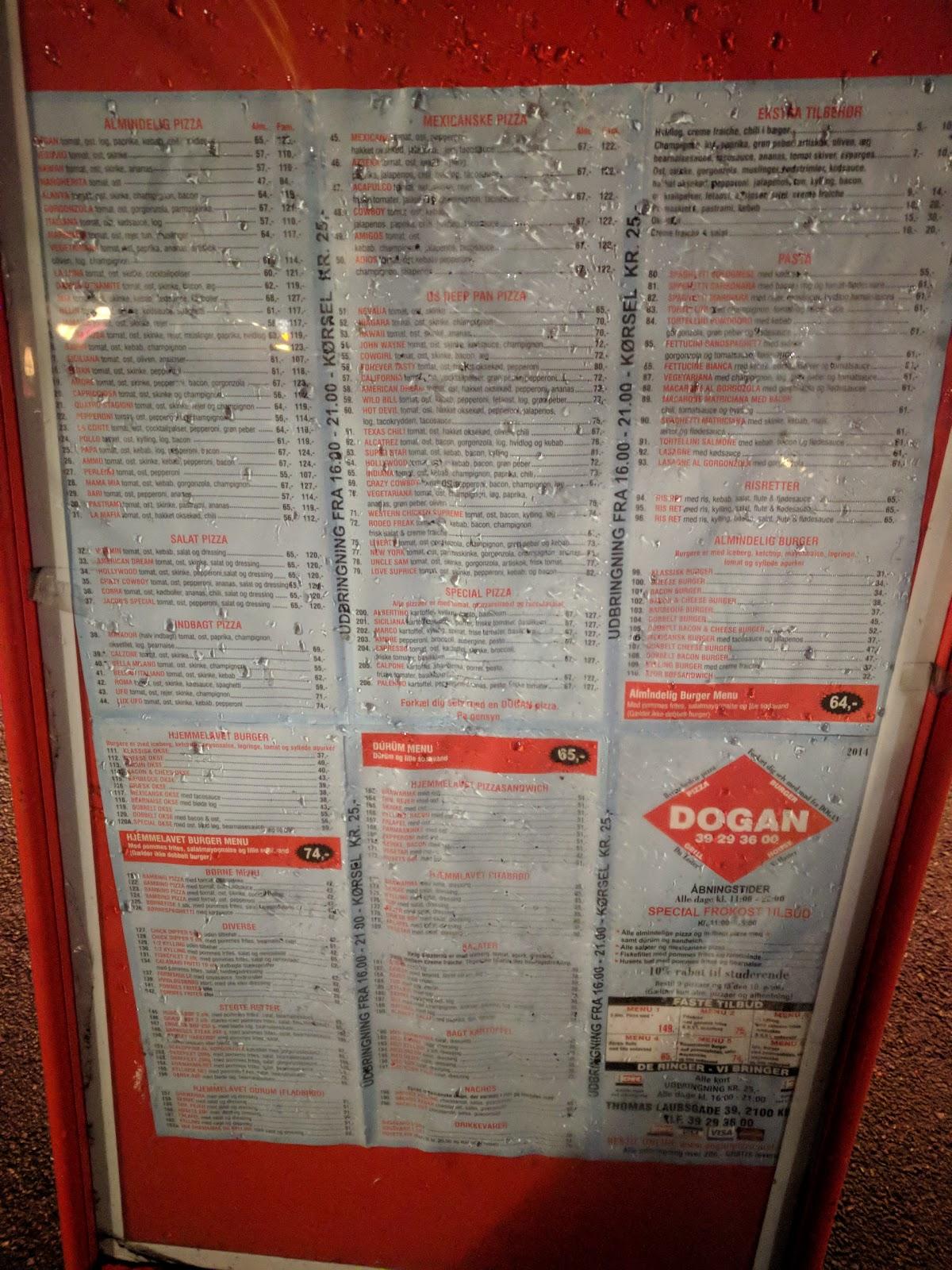Menu at Dogan Pizza pizzeria, Copenhagen