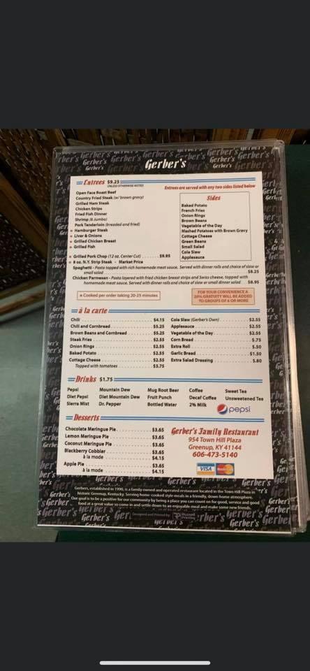 Menu at Gerber's Restaurant, Greenup, Town Hill Plaza