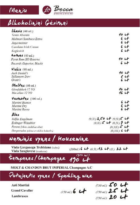 Menu at La Bocca Pizzeria & Winebar, Kaunas