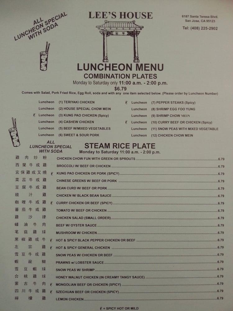 Menu at Lee’s House restaurant, San Jose
