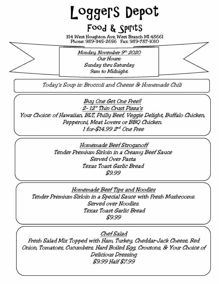 Menu at Logger's Depot pub & bar, West Branch