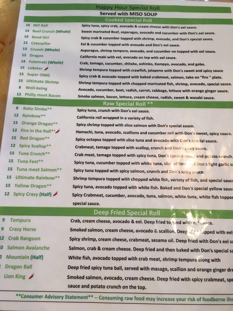 Menu at Sushi Don restaurant, Lafayette