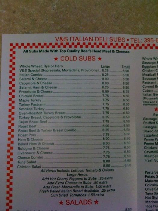 Menu at V & S Italian Deli restaurant, Boca Raton