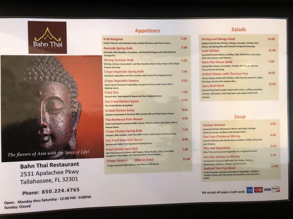 Menu at Bahn Thai Restaurant, Tallahassee