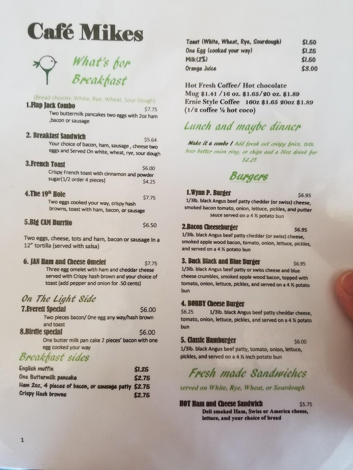Menu at Café Mike's restaurant, Idaho Falls, 100 E 65th N