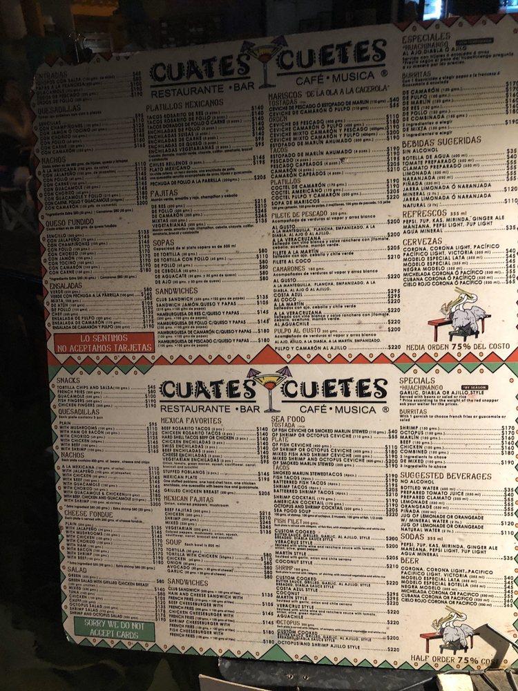 Menu at Cuates y Cuetes restaurant, Puerto Vallarta