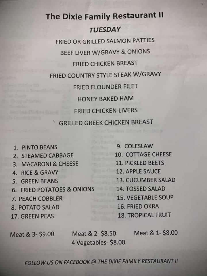 Menu at Dixie Family Restaurant II, Greenville
