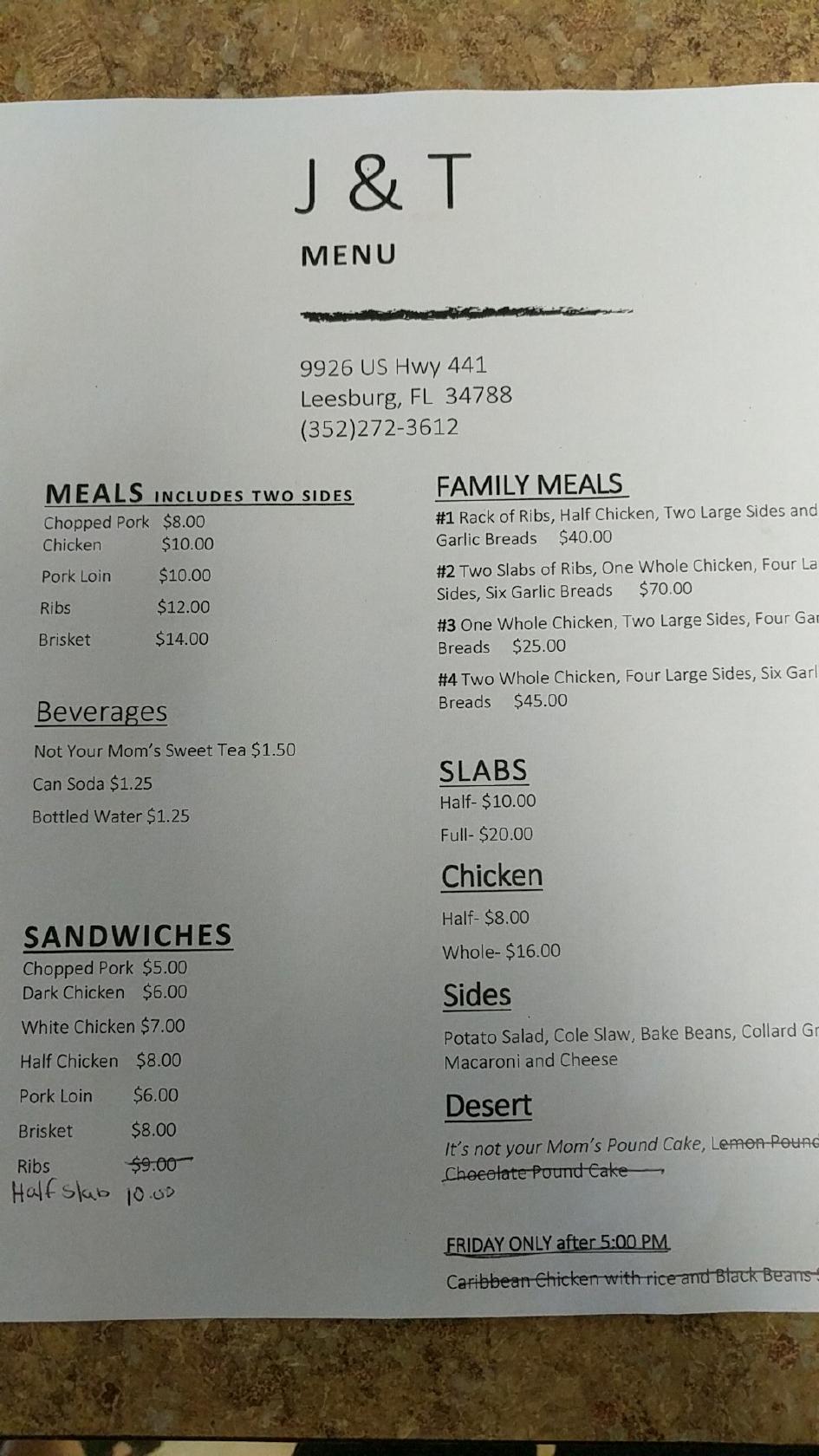 Menu at J & T Smokehouse BBQ, Leesburg, US-441