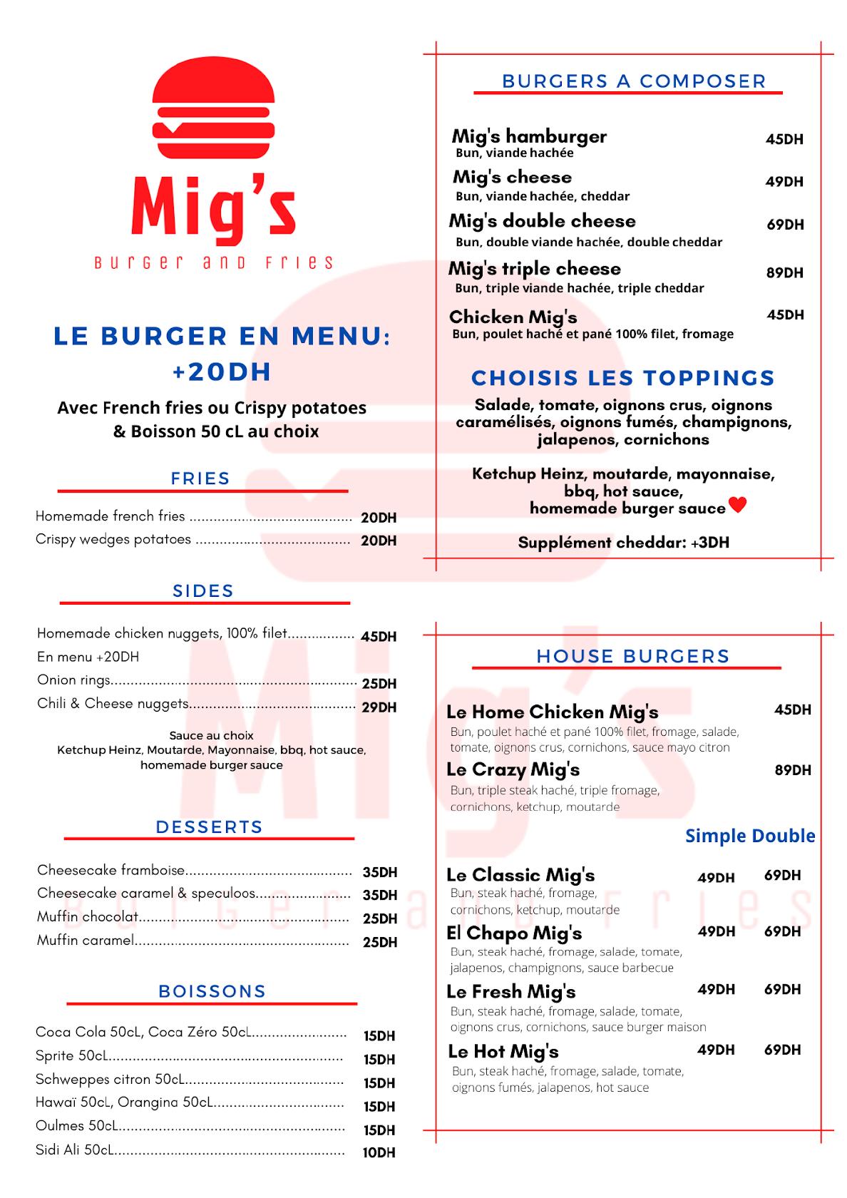 Menu au Mig's restaurant, Casablanca