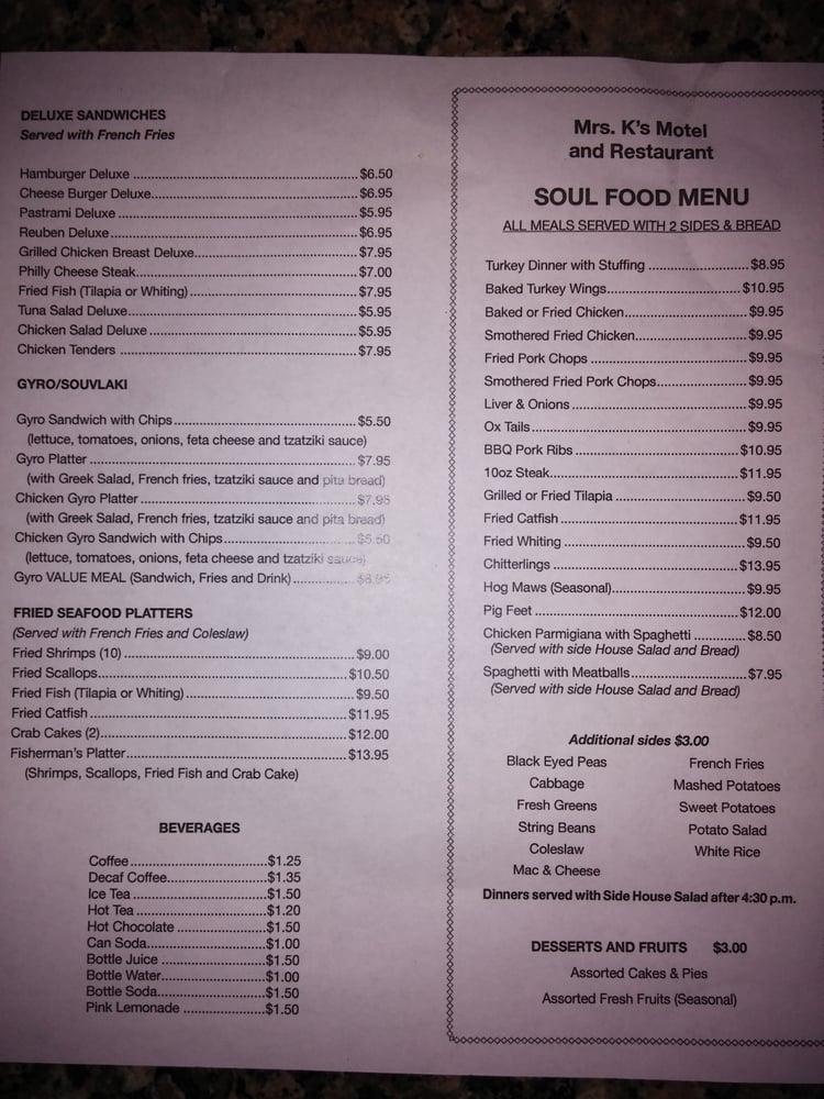 Menu at Mrs. K's Restaurant, Upper Marlboro