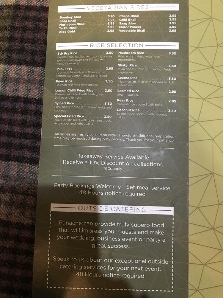 Menu at Panache restaurant, Ilkley