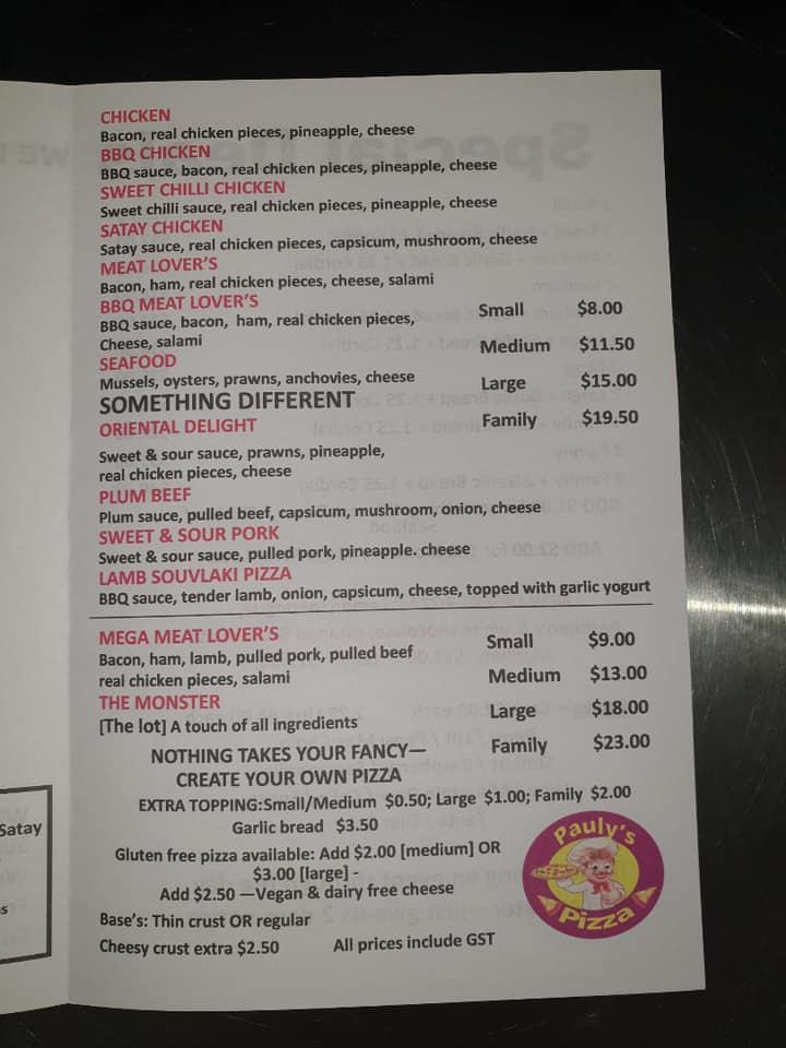 Carta del restaurante Pauly's Pizza, New Norfolk