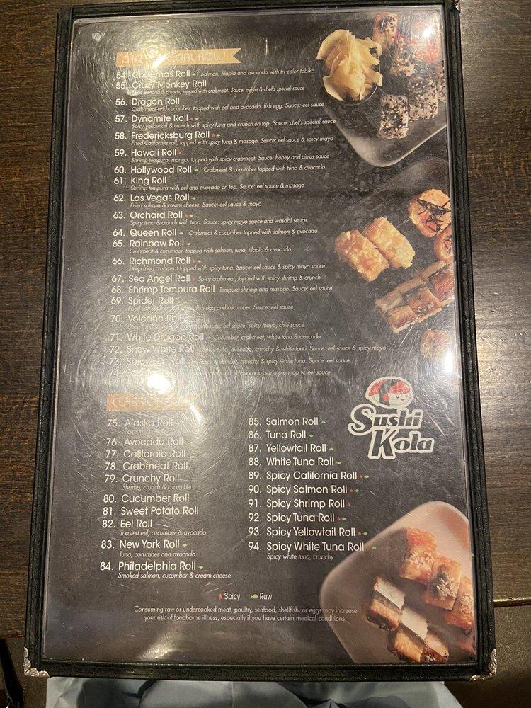 Menu at Sushi Kola restaurant, Fredericksburg