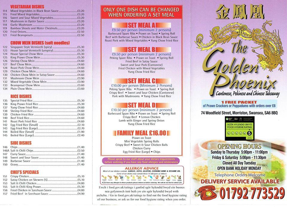 Menu at The Golden Phoenix fast food, Swansea
