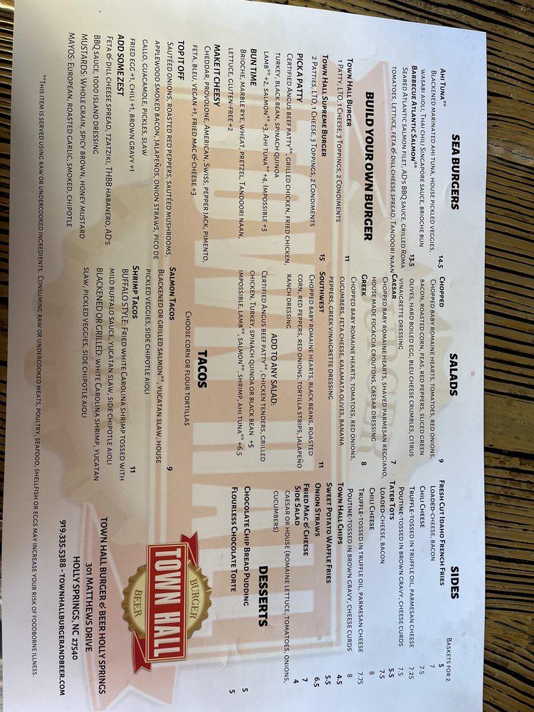 Menu at Town Hall Burger and Beer pub & bar, Holly Springs