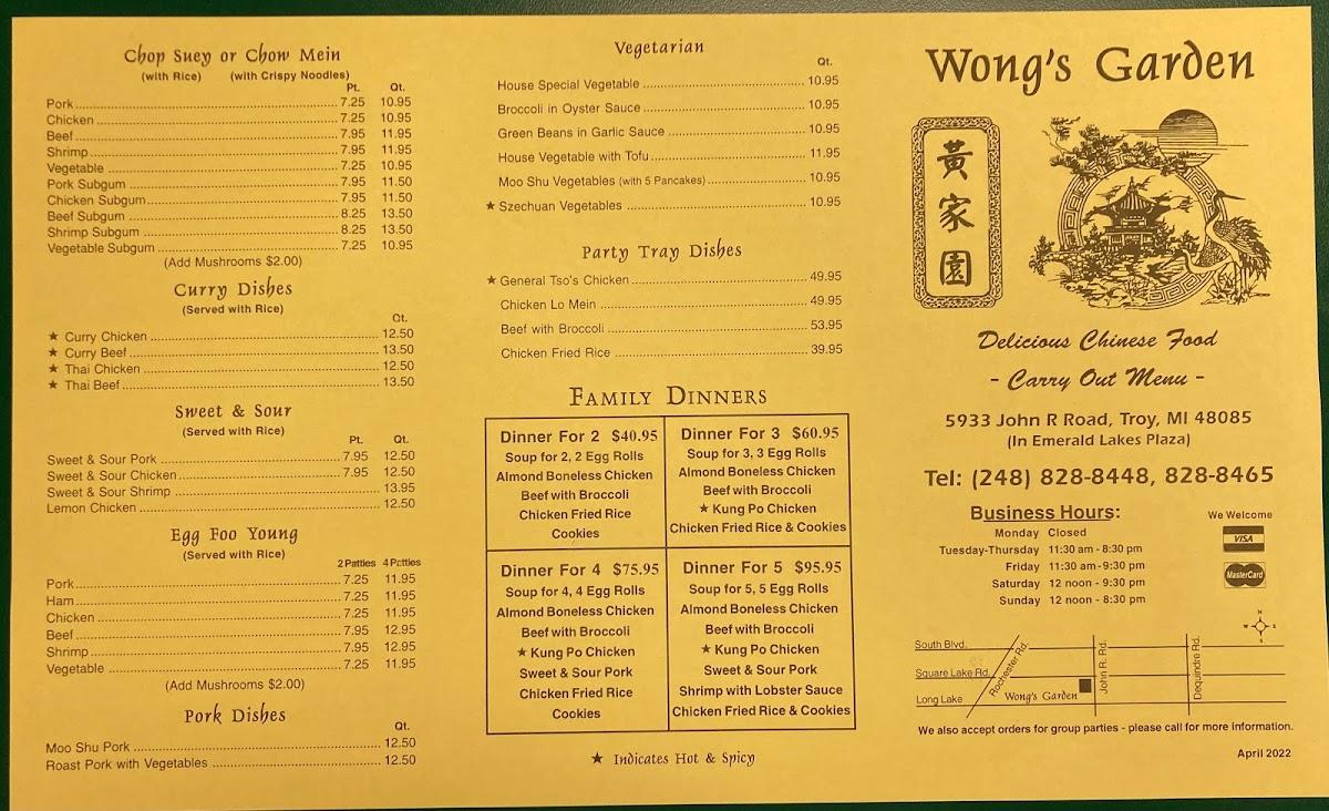 Menu at Wong's Garden fast food, Troy