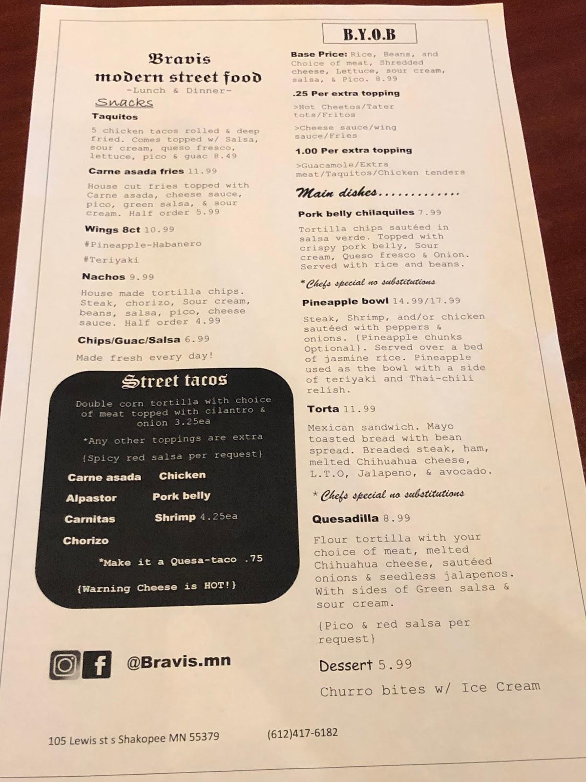 Menu at Bravi’s Craft Mexican Kitchen restaurant, Shakopee
