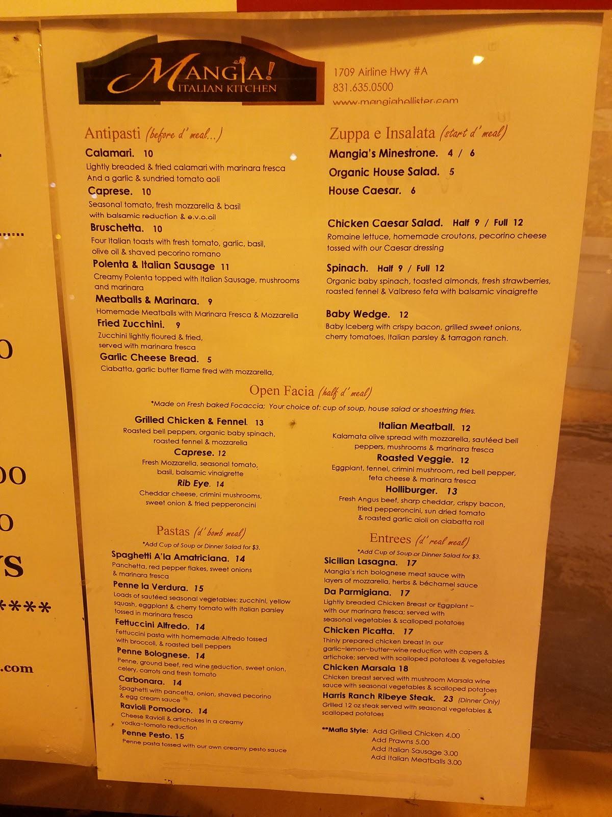Menu at Mangia Italian Kitchen restaurant, Hollister