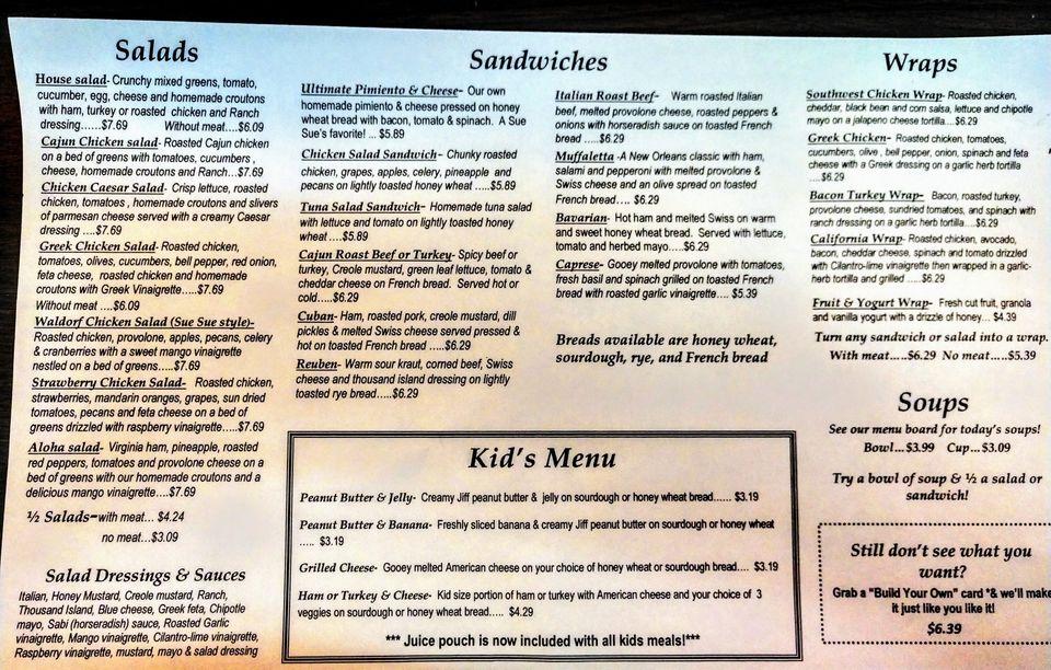 Menu at Sue Sue's Sandwich Shop restaurant, Lawrenceburg