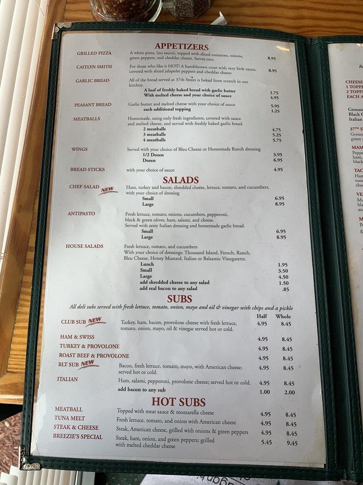 Menu at Thirty Seventh Street Pizzaria pizzeria, New Bern