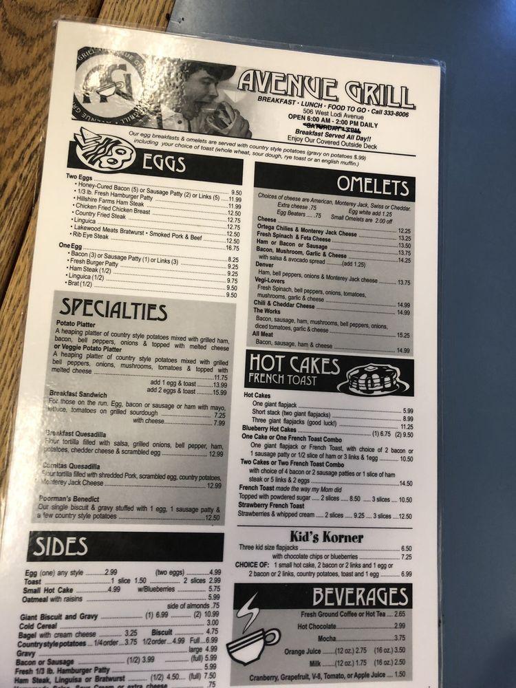 Menu at Avenue Grill restaurant, Lodi