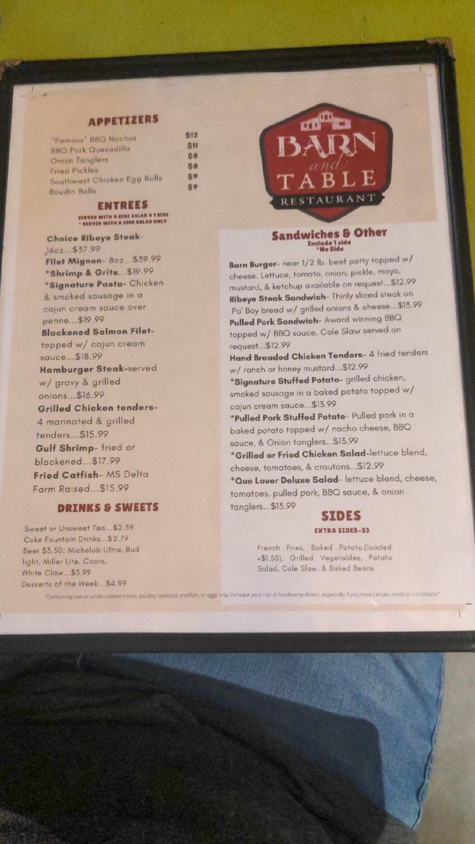 Menu at Barn and Table Restaurant, Carrollton