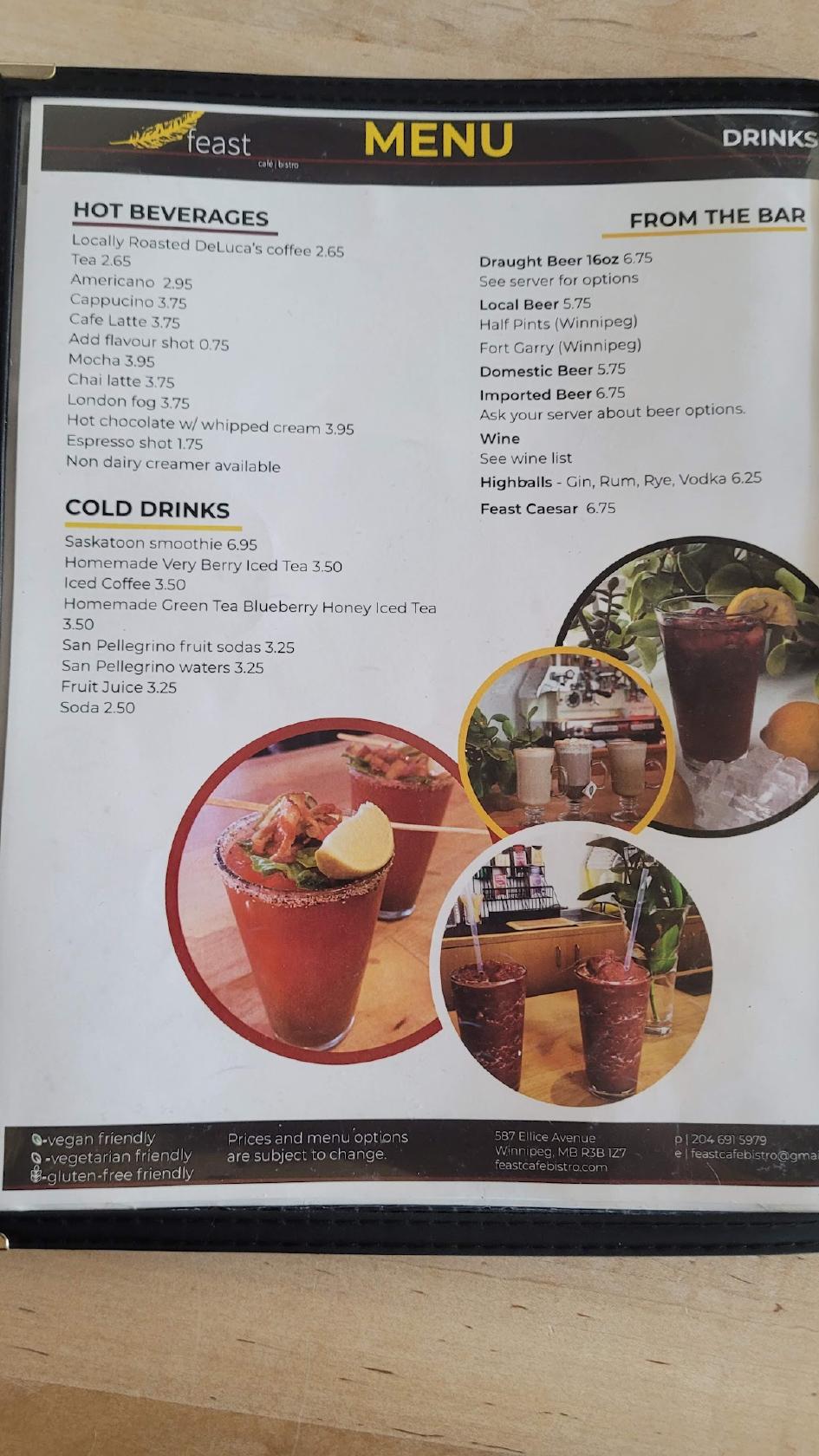 Menu at Feast Cafe Bistro, Winnipeg