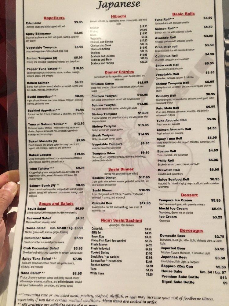 Menu at Hana Sushi & Pho restaurant, Biloxi