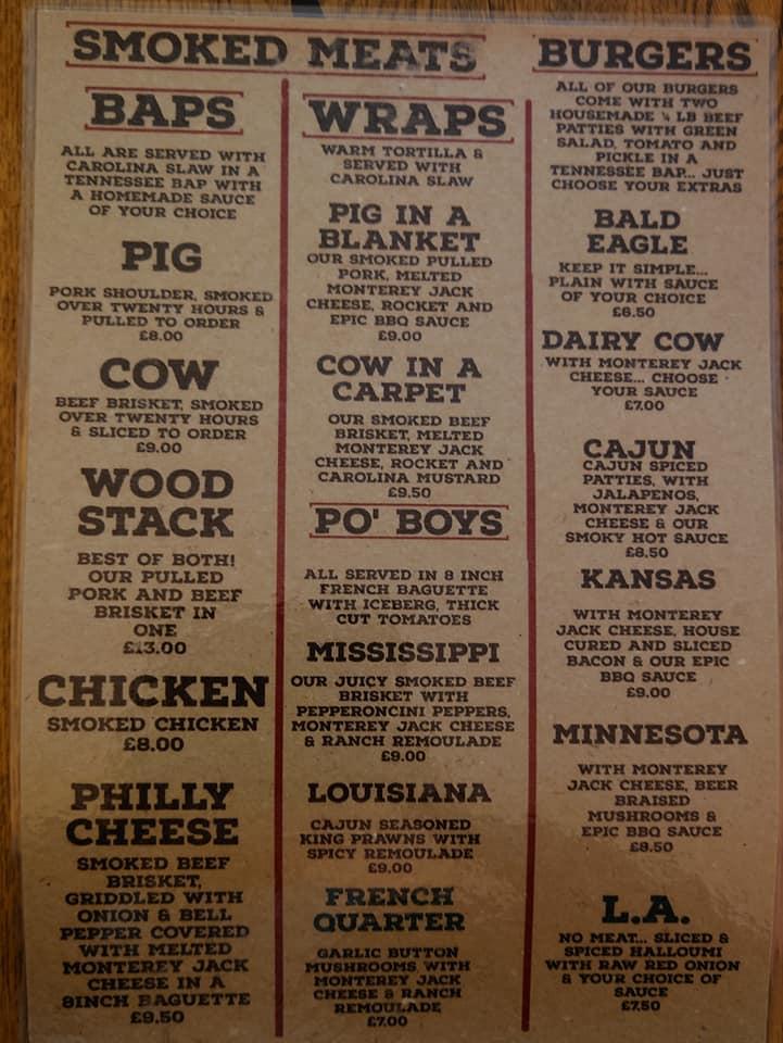Menu at Inkie's Smokehouse restaurant, Liskeard