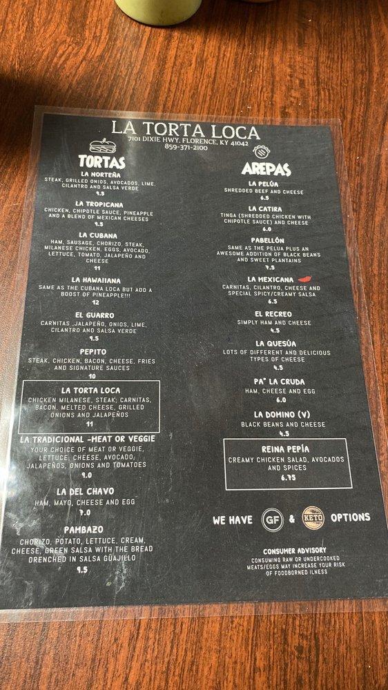 Menu at La Torta Loca restaurant, Florence, Dixie Hwy