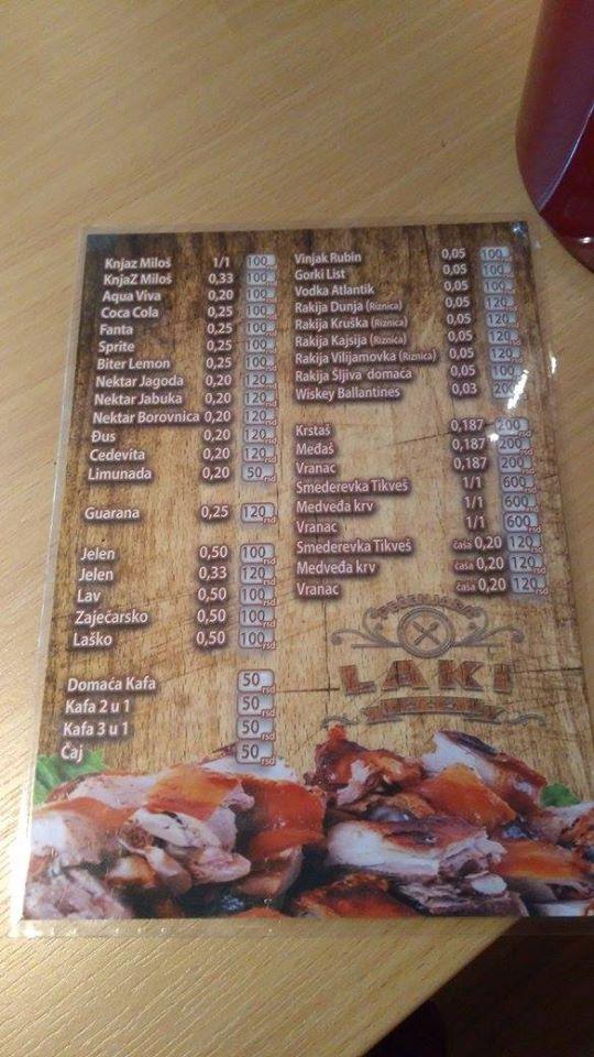 Menu at Pecenjara laki restaurant, Šabac
