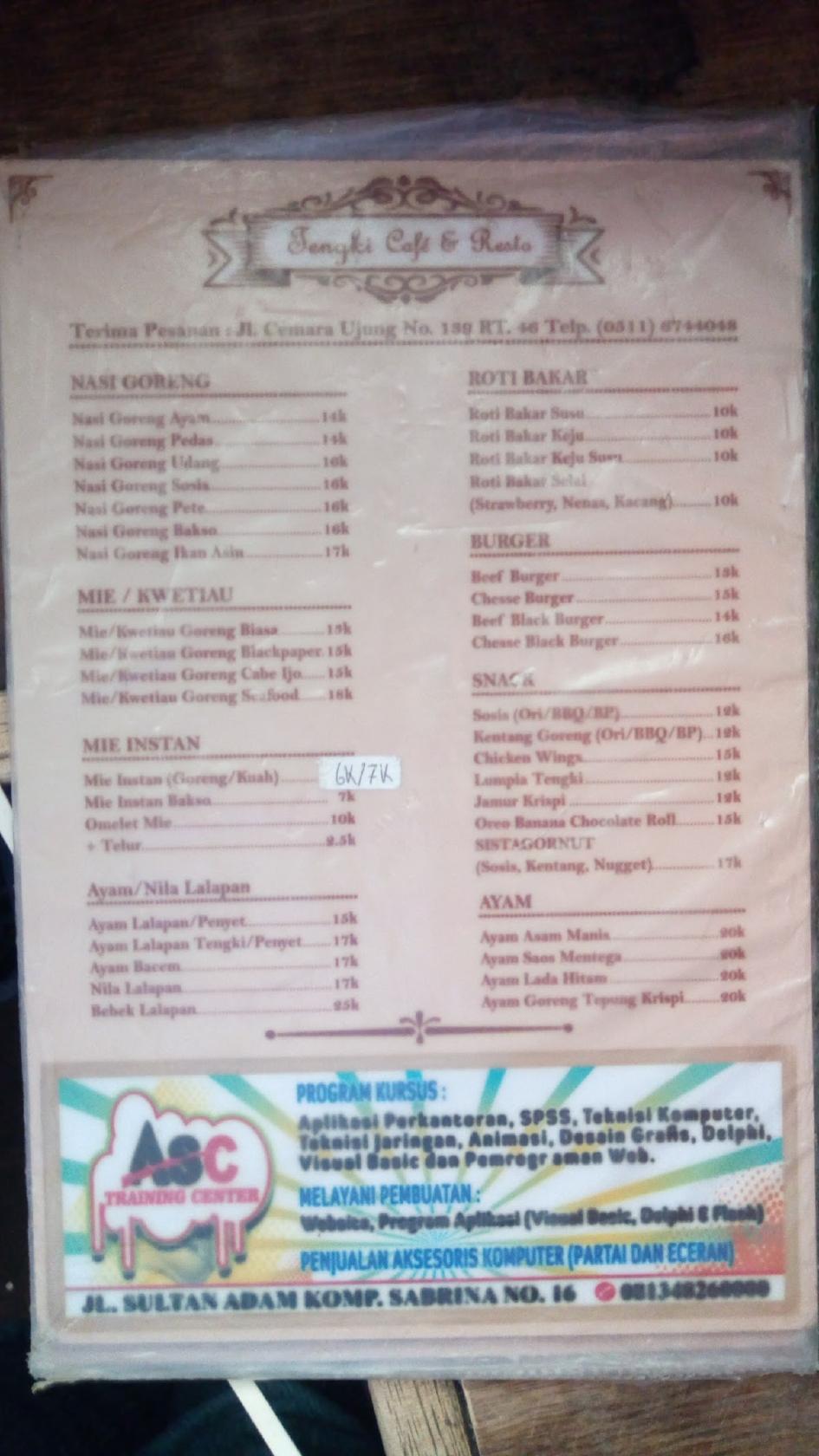 Menu at Tangki Cafe, Banjarmasin