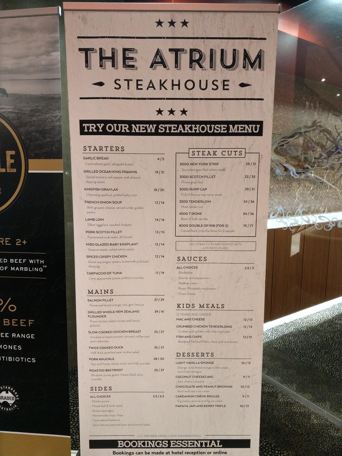 Menu at The Atrium Steakhouse, Liverpool