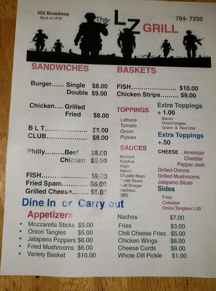 Menu at The LZ restaurant, Penrose
