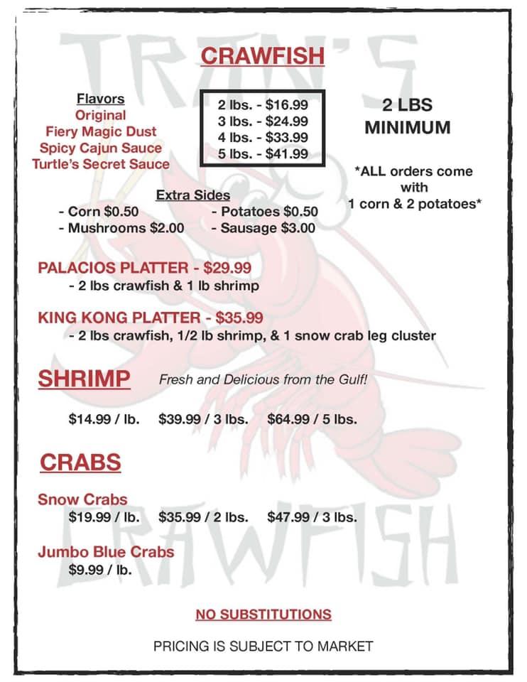 Menu at Tran's Restaurant, Palacios