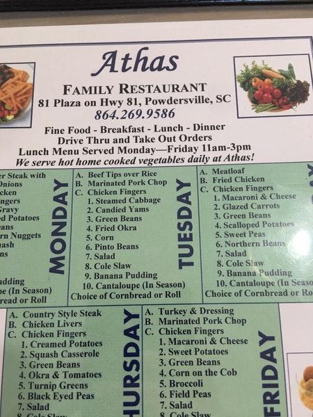 Menu at Athas Family Restaurant, Piedmont