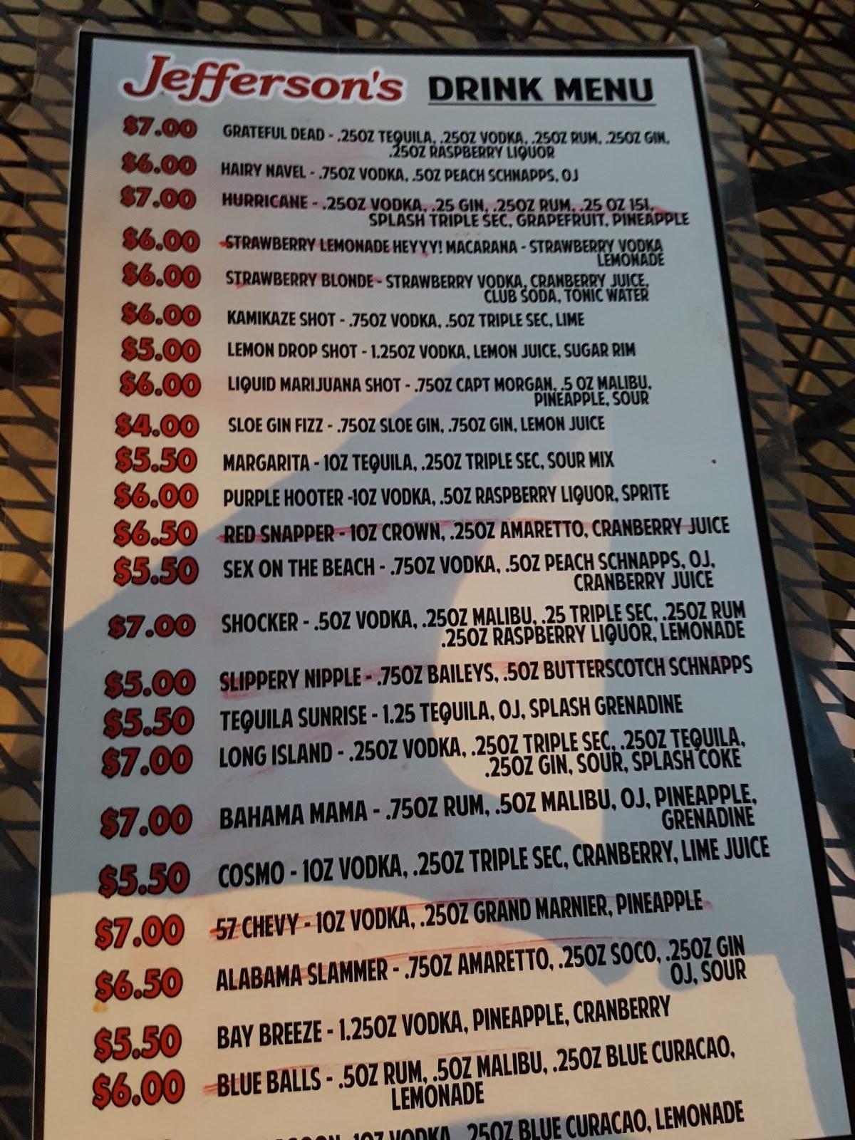 Menu at Jefferson's Opelika restaurant, Opelika