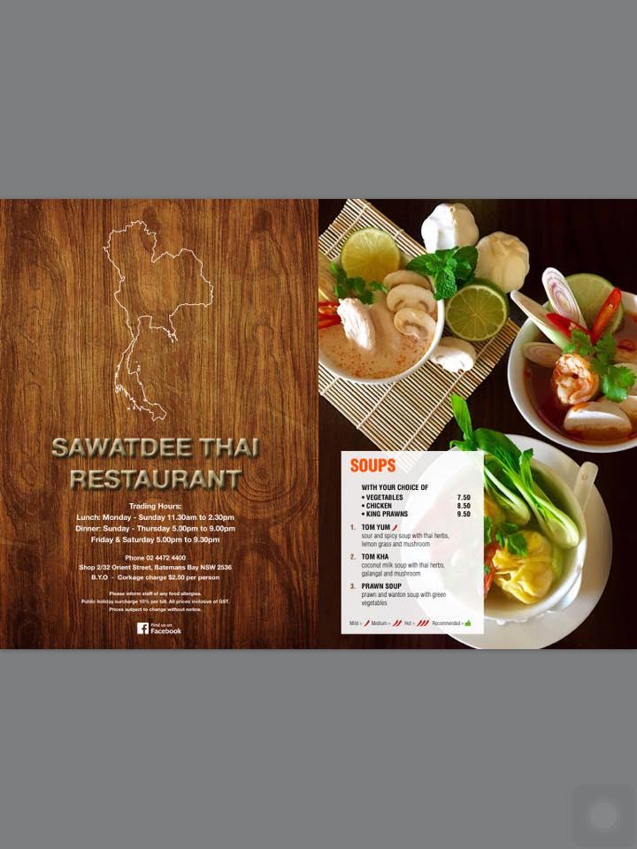 Menu at Sawatdee Thai Restaurant, Batemans Bay