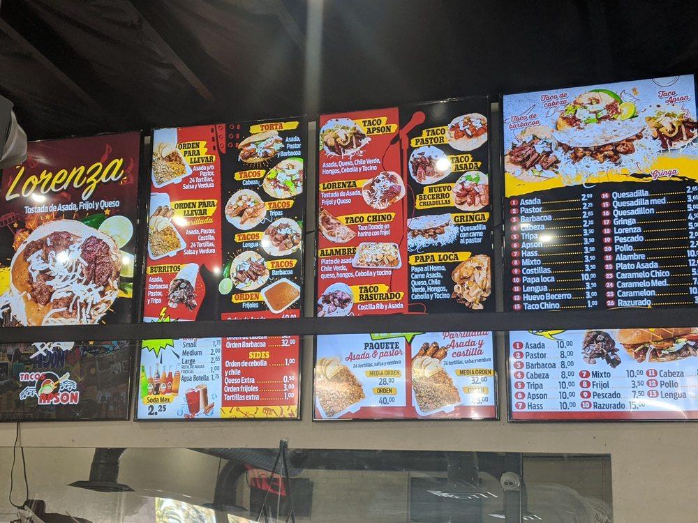 Menu at Tacos Apson restaurant, Tucson, N Thornydale Rd #121