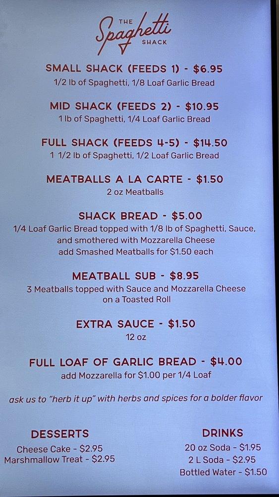 Menu at The Spaghetti Shack desserts, Tempe, S Rural Rd